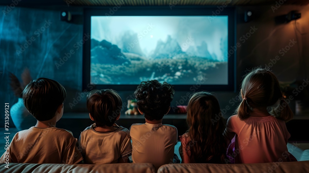a group of children sitting on a couch watching tv together in a living ...
