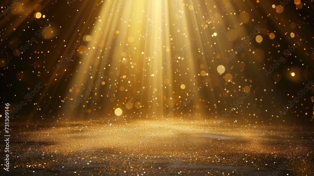 Stage light and golden glitter lights on floor. Abstract gold ...