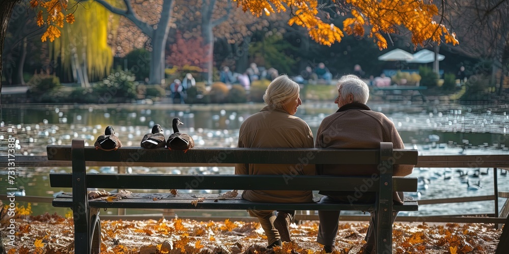 Elderly couple (Mature seniors) sitting on park bench by the lake ...