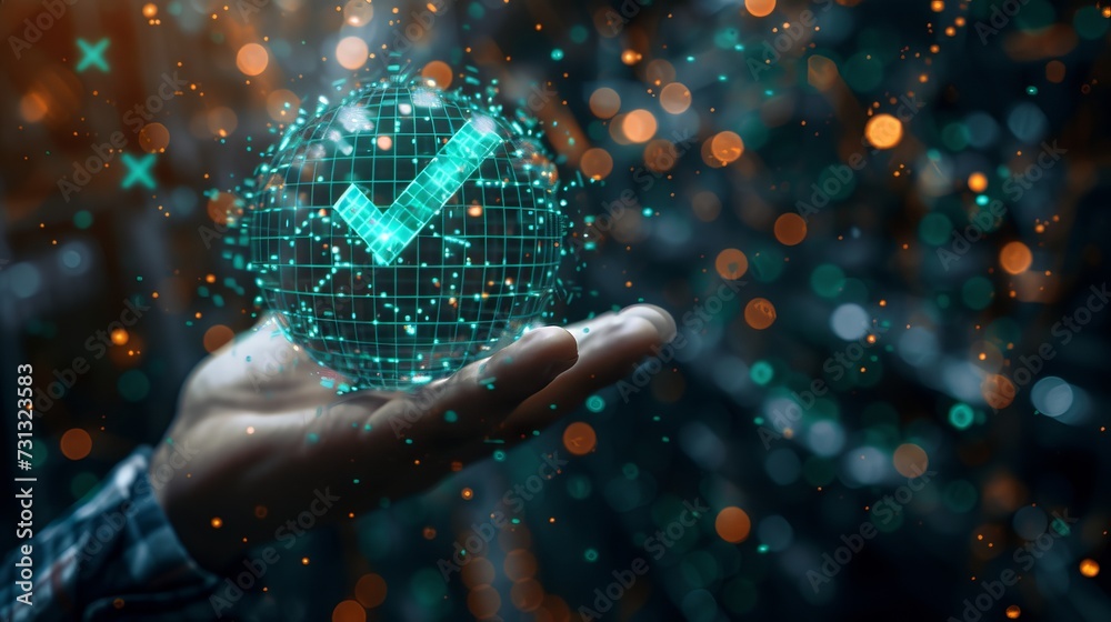 Businessman with green compliance tick symbol for certification and ...