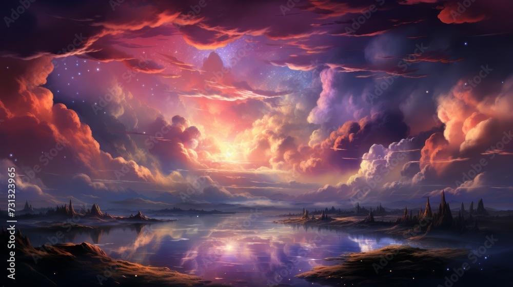 Ethereal fantastical landscape with vibrant clouds, radiant sunset and ...