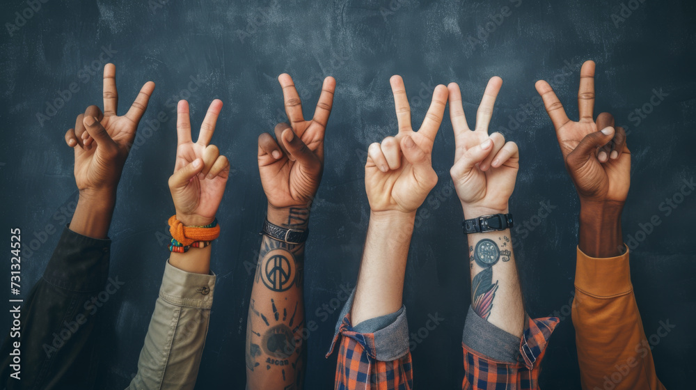 different arms raised against a white background, each making the peace ...