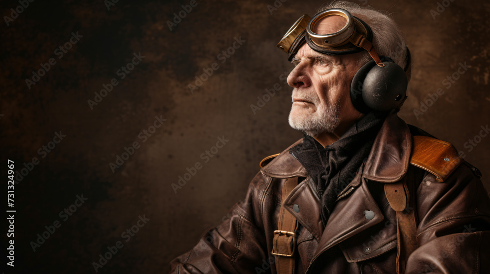 A rugged vintage pilot in his early 50s exudes a sense of nostalgic ...