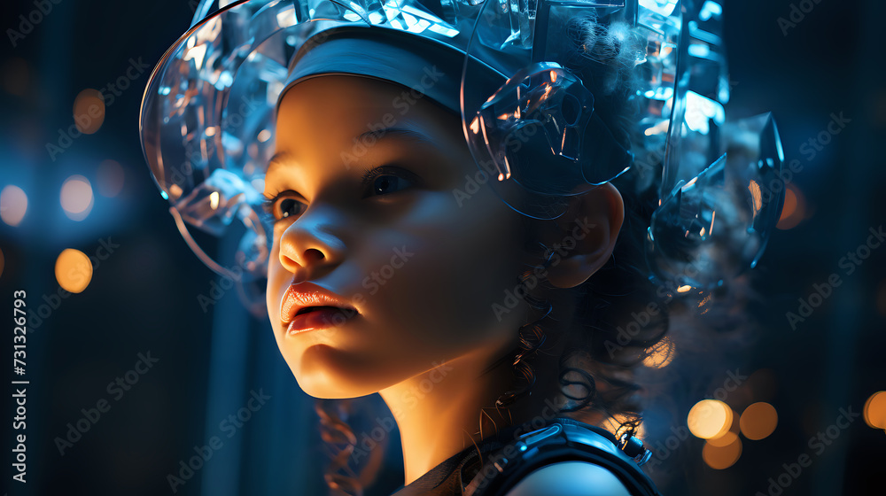 Future Child in Illuminated Headgear. A child adorned in a futuristic ...