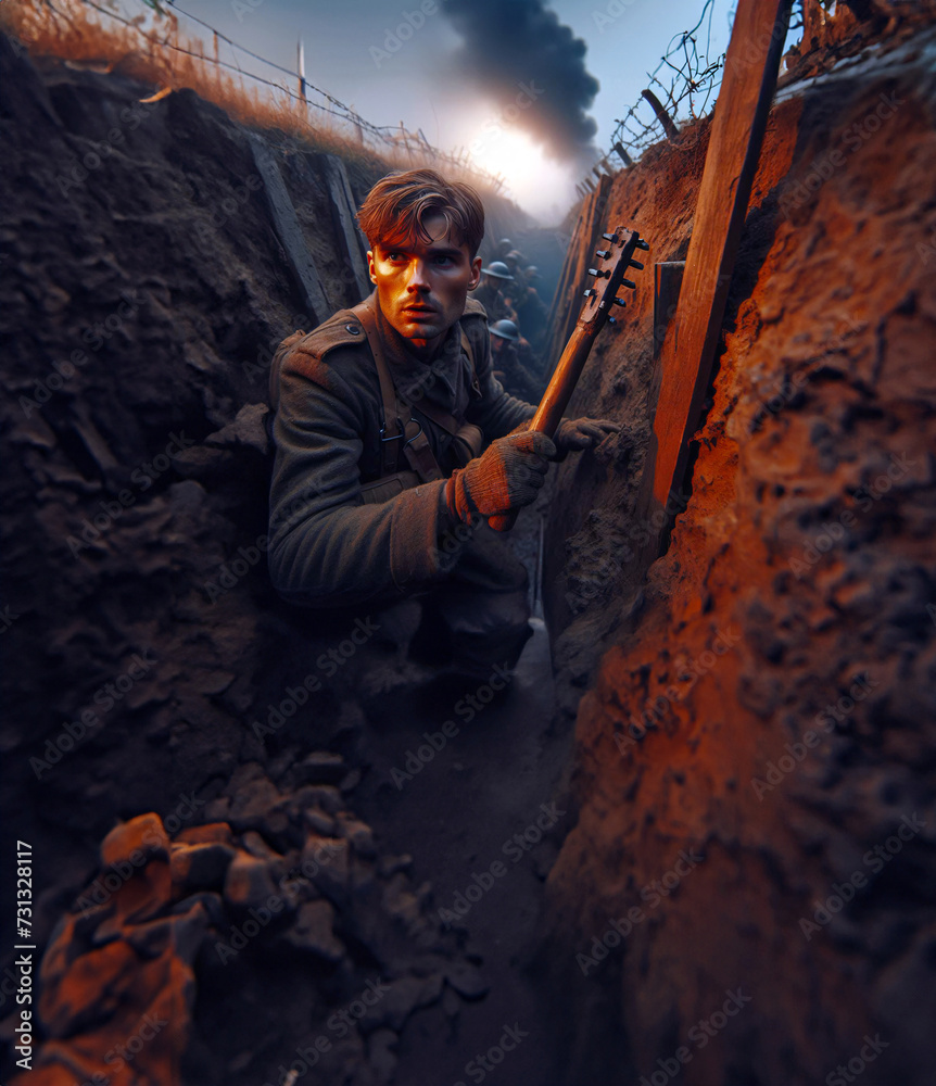 Courageous army officer leading his men through a dangerous and narrow ...