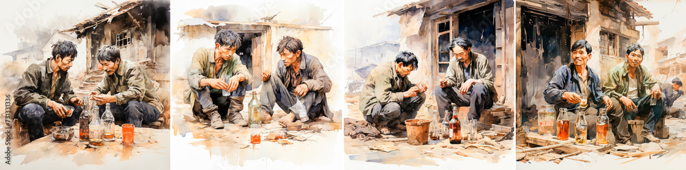 Vector and watercolor illustrations depicting lunches of Korean workers ...