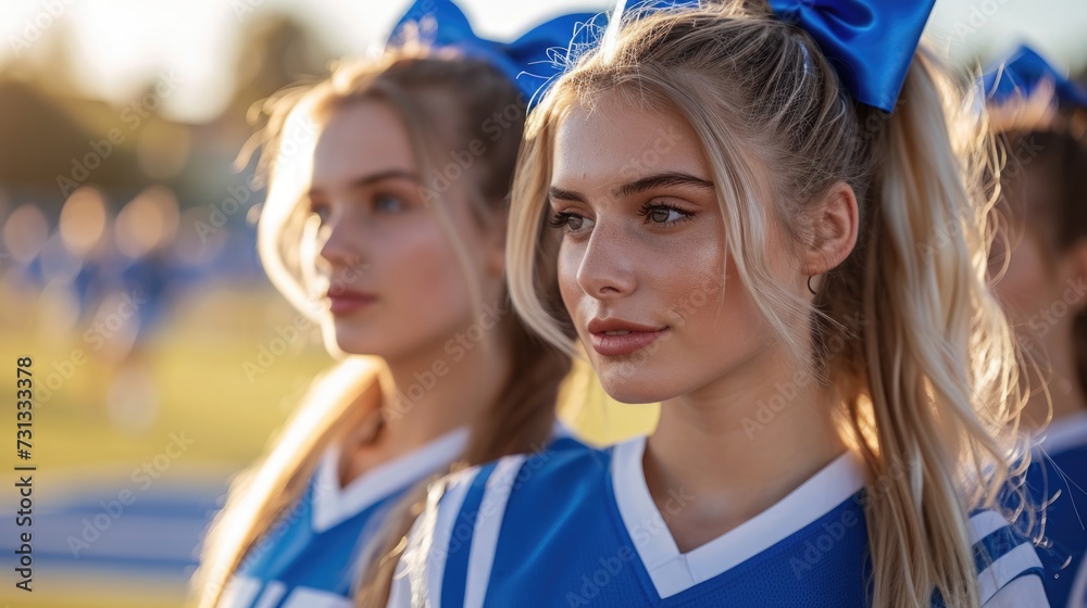 A team of cheerleaders with concentrated facial expressions are ready ...