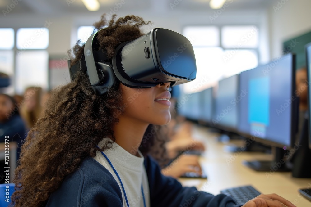 A tech-savvy woman fully immersed in a digital world through her ...