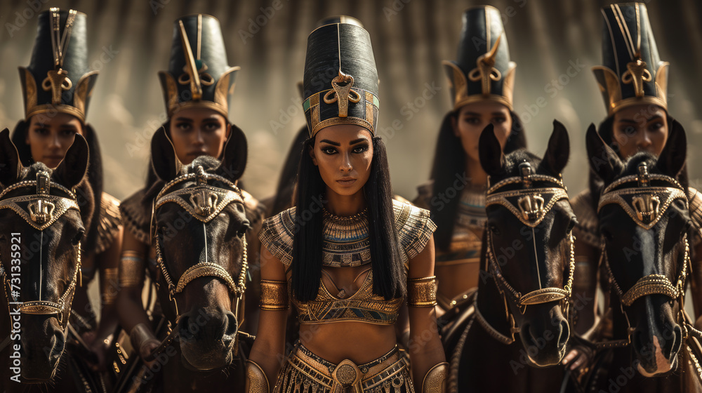 Ancient Egyptian army of elite female warriors on horseback. Stock ...