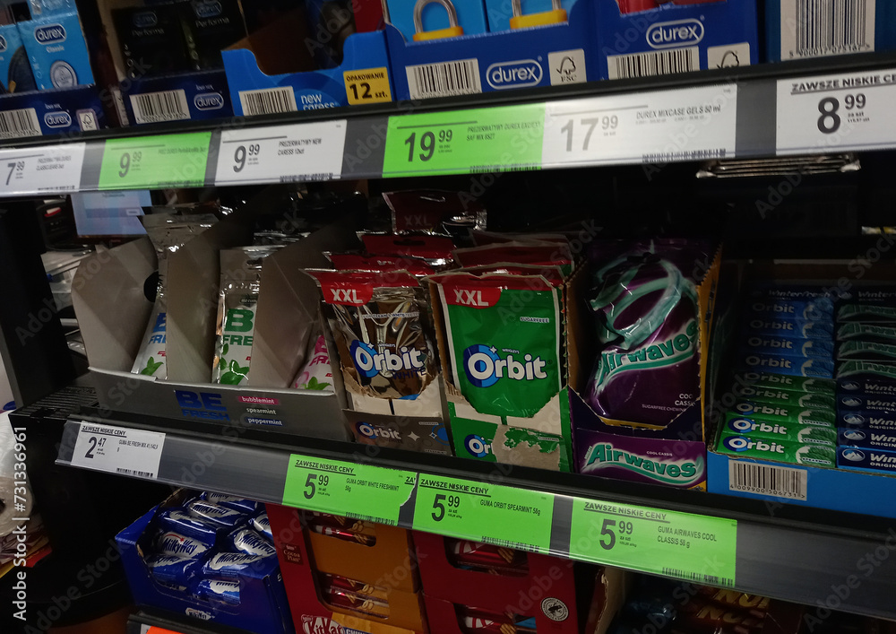 Tulce, Poland - 1 February 2024: A Shelf with Orbit chewing gum in a ...