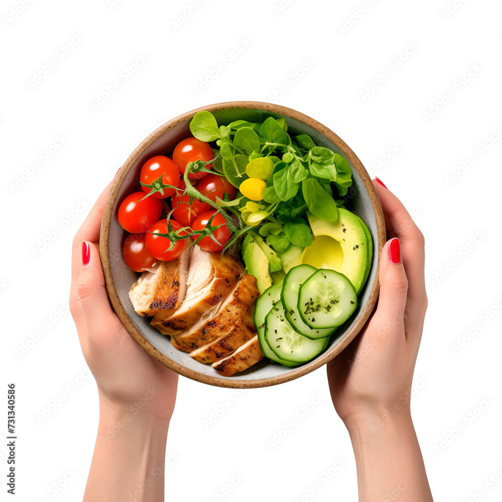 Healthy eating theme: Top view of a woman’s hands holding a salad bowl ...