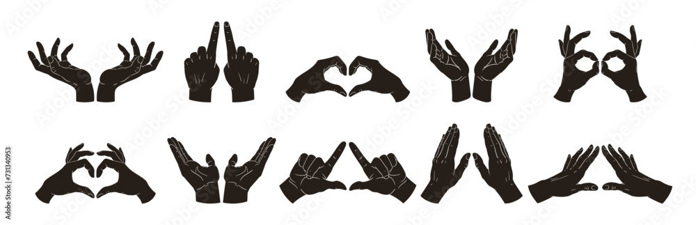 Cartoon human hand signs. Hands gesture silhouettes, various hand palms ...
