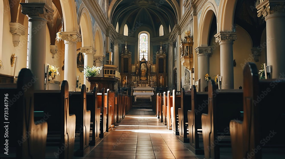 The sunlit aisle of an empty church with ornate architecture, leading ...