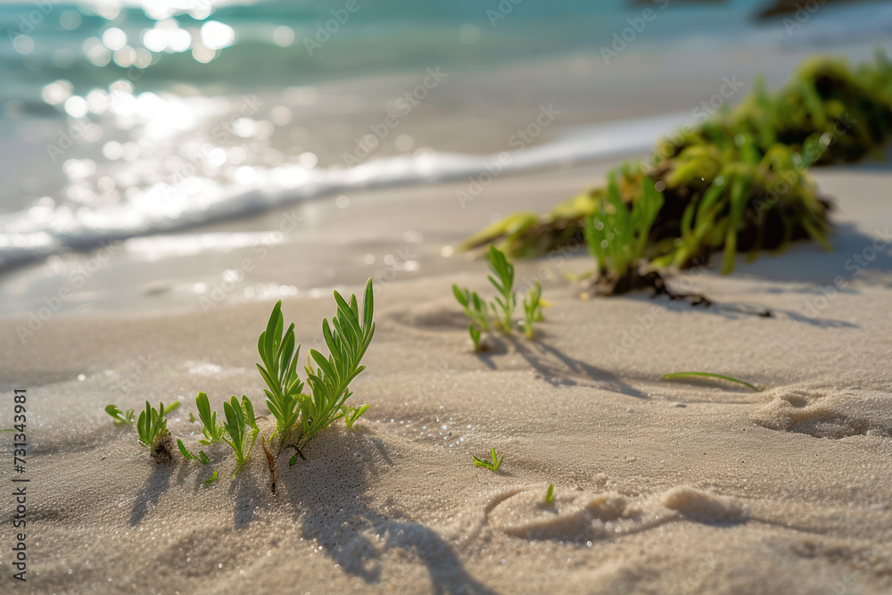 Different types of seagrass sea grass weed seaweed on beach sand by the ...