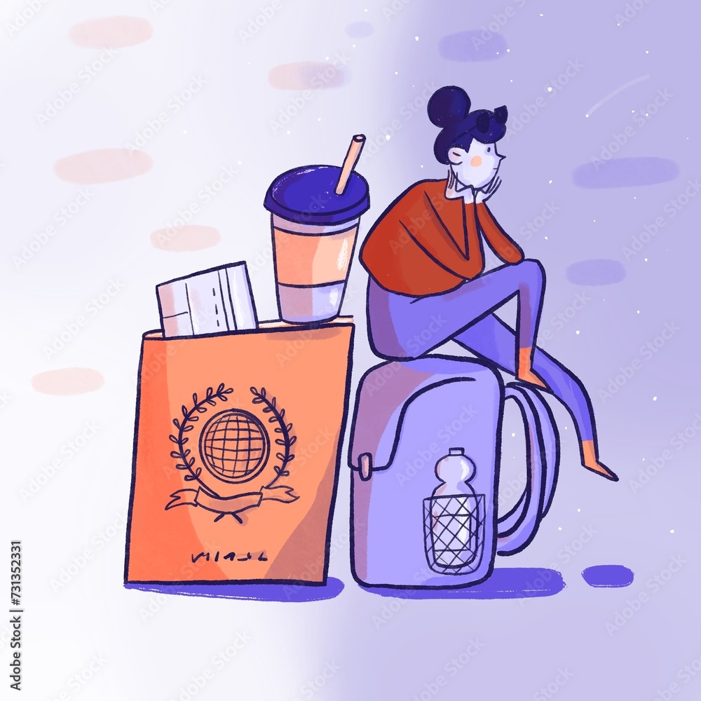 Illustration of a woman sitting on objects related to travel, a ...