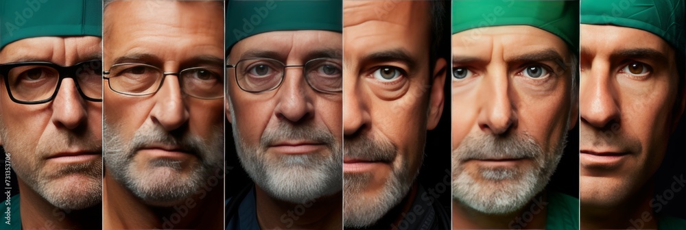 Doctors collage with vertical white lines dividing medical photos for ...