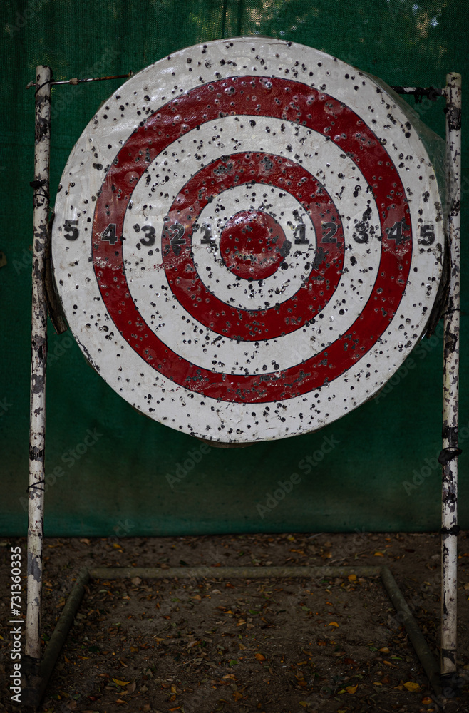 An archery target featuring red and white concentric circles, marked ...