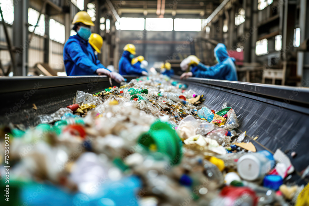 Workers in protective gear sorting recyclable materials on a conveyor ...