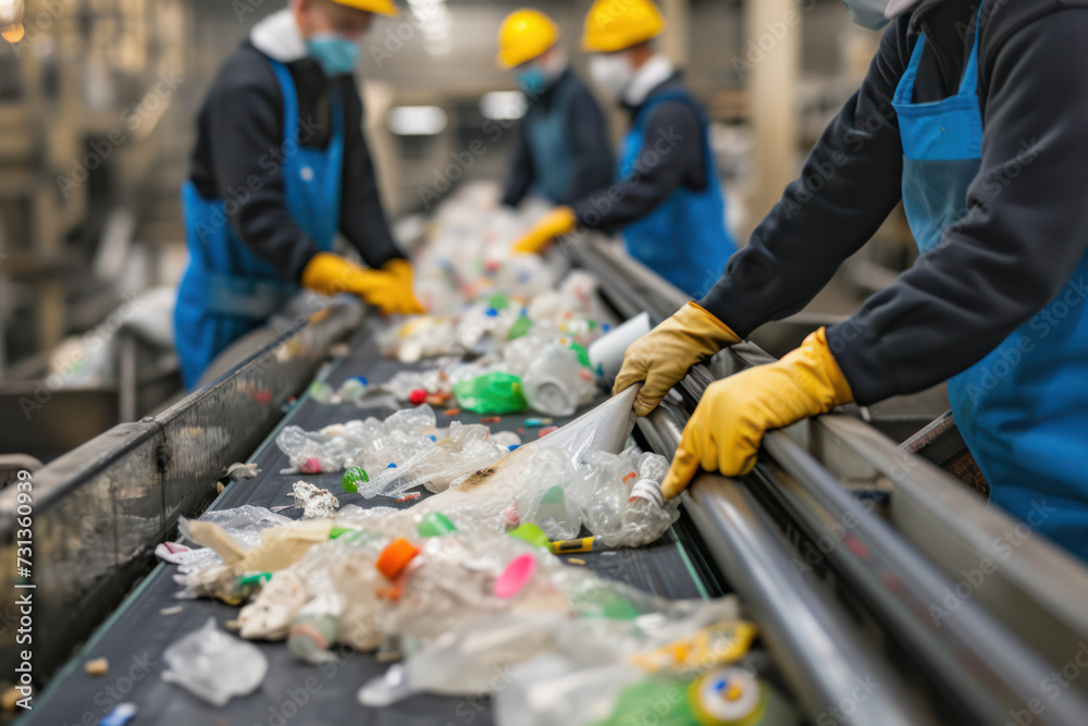 Workers in safety gear sort recyclable materials on a busy conveyor ...