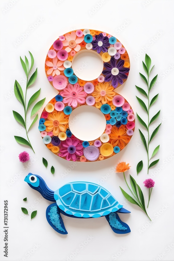 Vibrant bouquet of paper flowers with number 8, vintage quilling ...