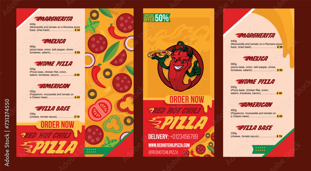 Menu template for a pizzeria. Red hot spicy pizza with delivery. Logo ...