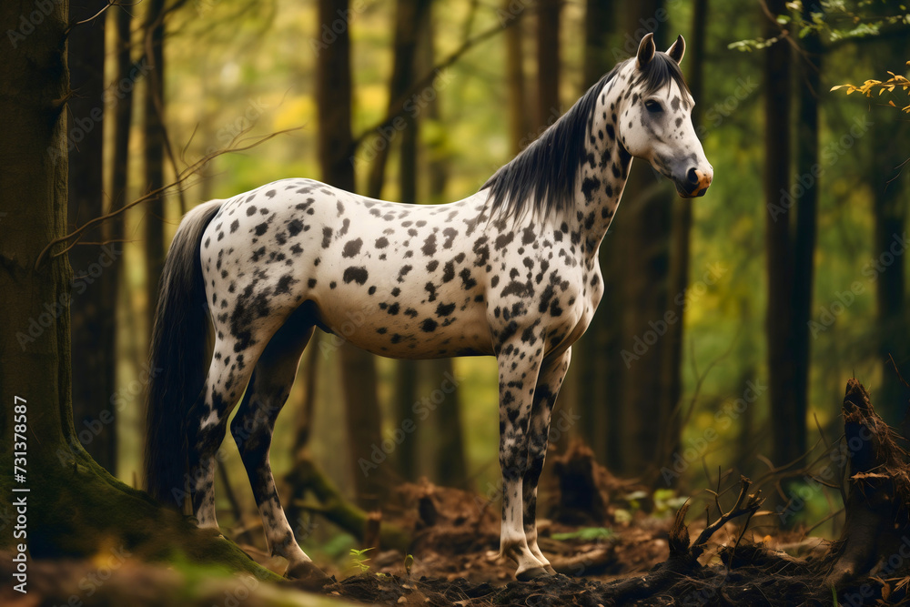 Domestic appaloosa horse breed animal standing in sunny forest nature ...