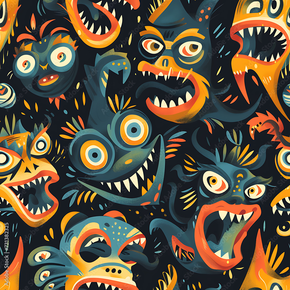 cartoon creepy gross monster faces in a seamless tile Stock ...
