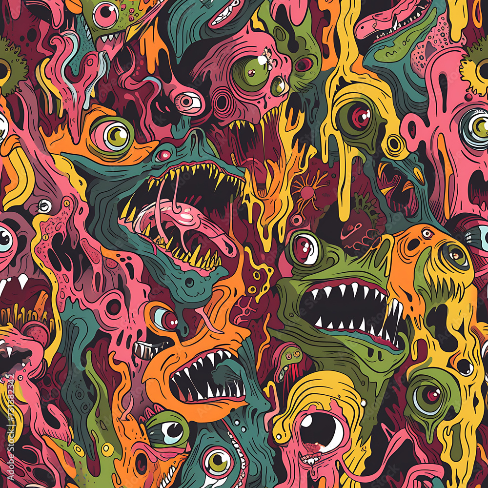 cartoon creepy gross monster faces in a seamless tile Stock ...