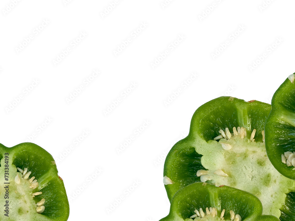 Top view of capsicum Asian green chili slice cut isolated on white ...
