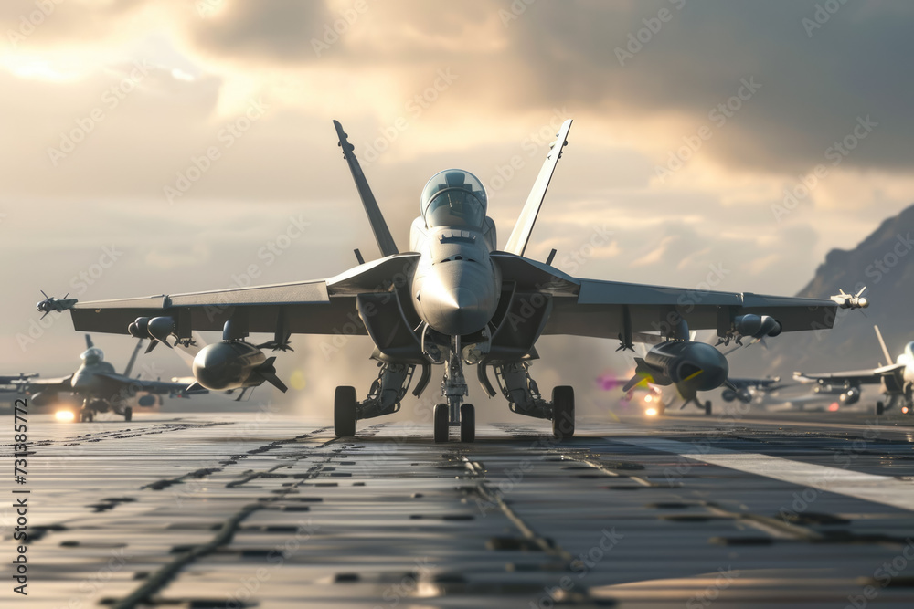 fighter jet taking off from a military base. The jet is loaded with ...