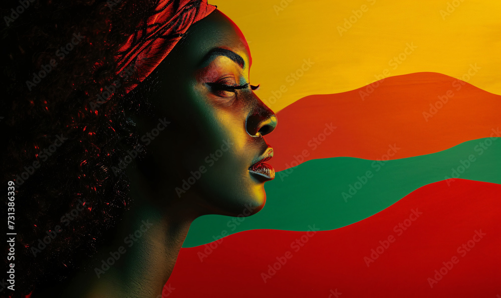 African-american woman face in profile over red yellow green black ...