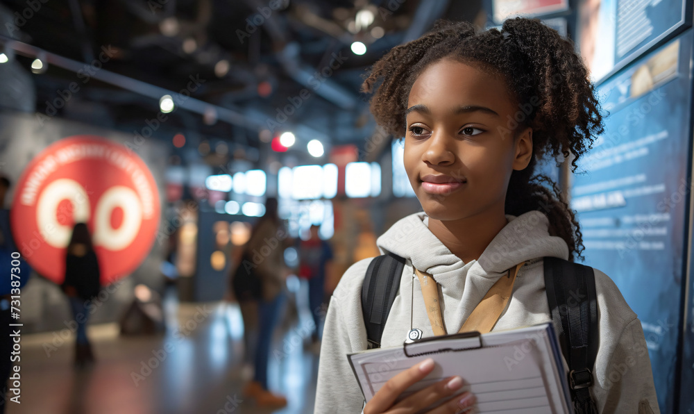 Curious African American girl student with notebook on field trip in ... Curious African American girl student with notebook on field trip in ...