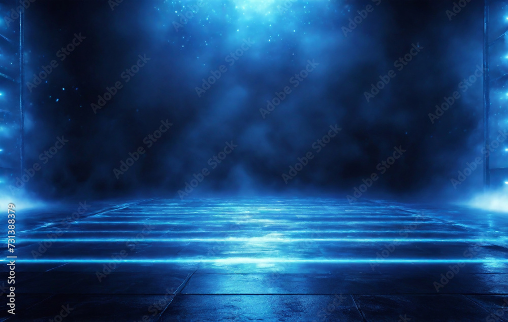 Dark empty stage, blue neon spotlight, wet asphalt, smoke, night view ...