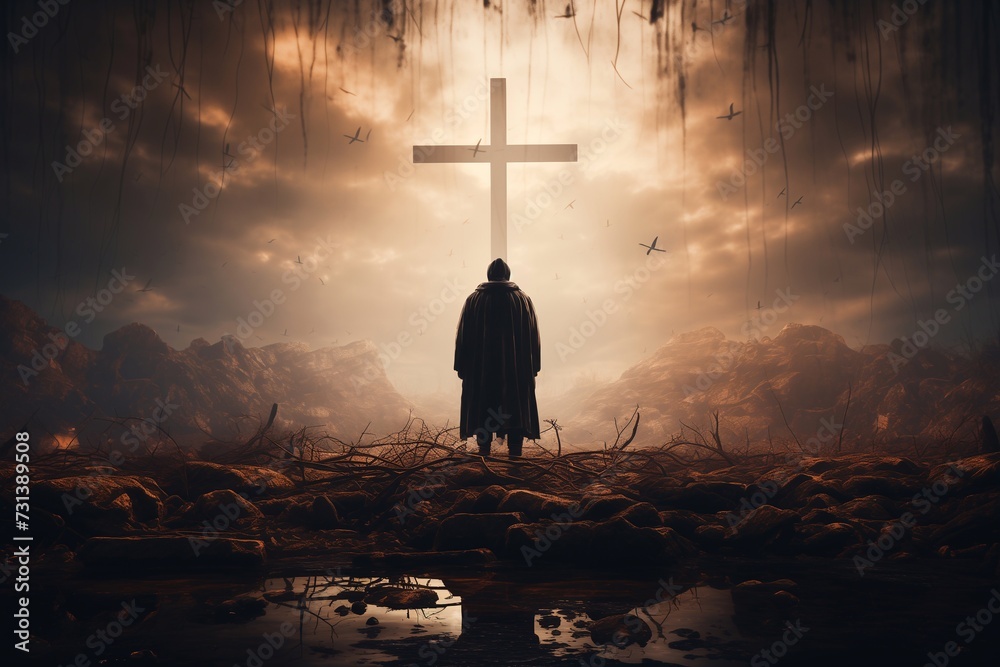 A full-length drawing of a believer next to the cross on which Jesus ...