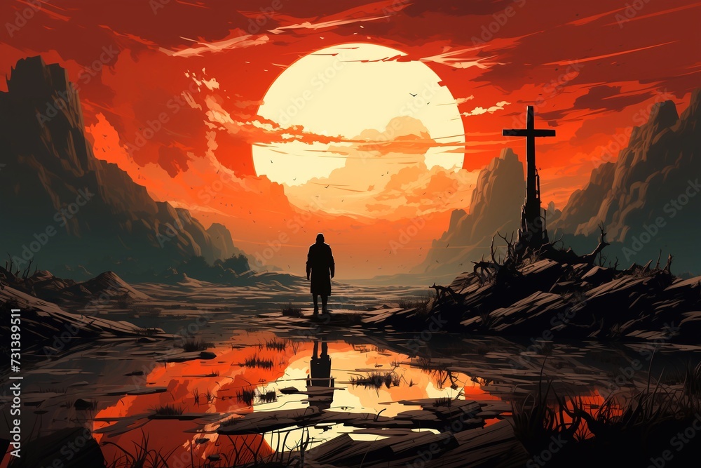 Poster, Foto A full-length drawing of a believer next to the cross on ...