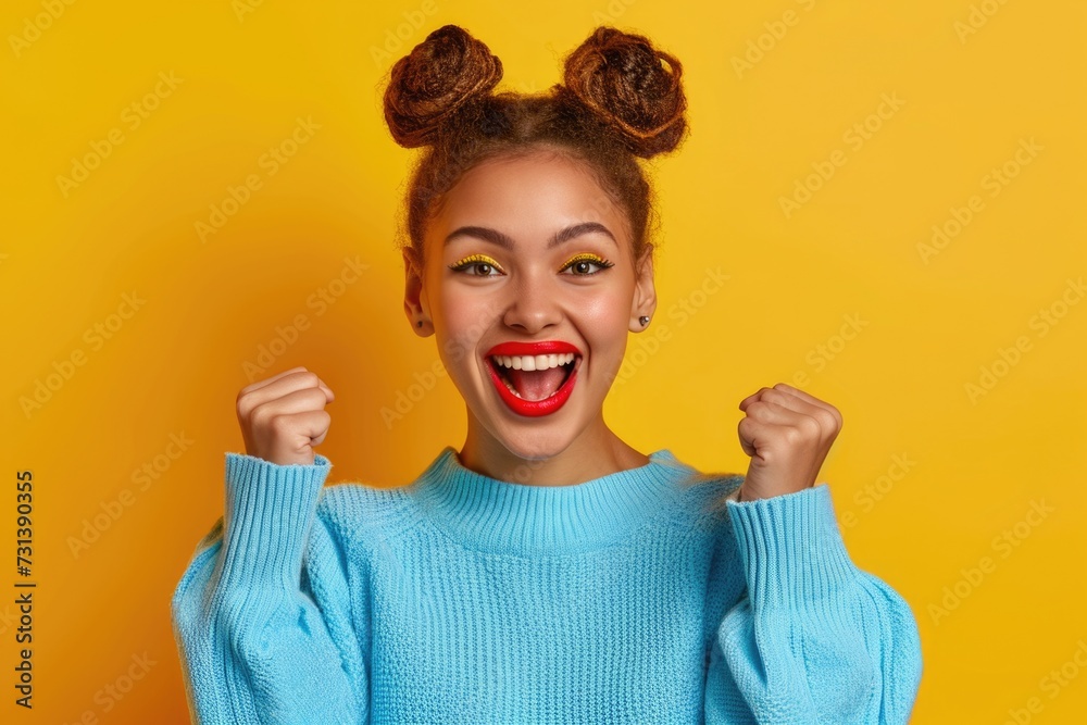 Euphoric celebration: A young woman in a blue sweater joyfully raises ...