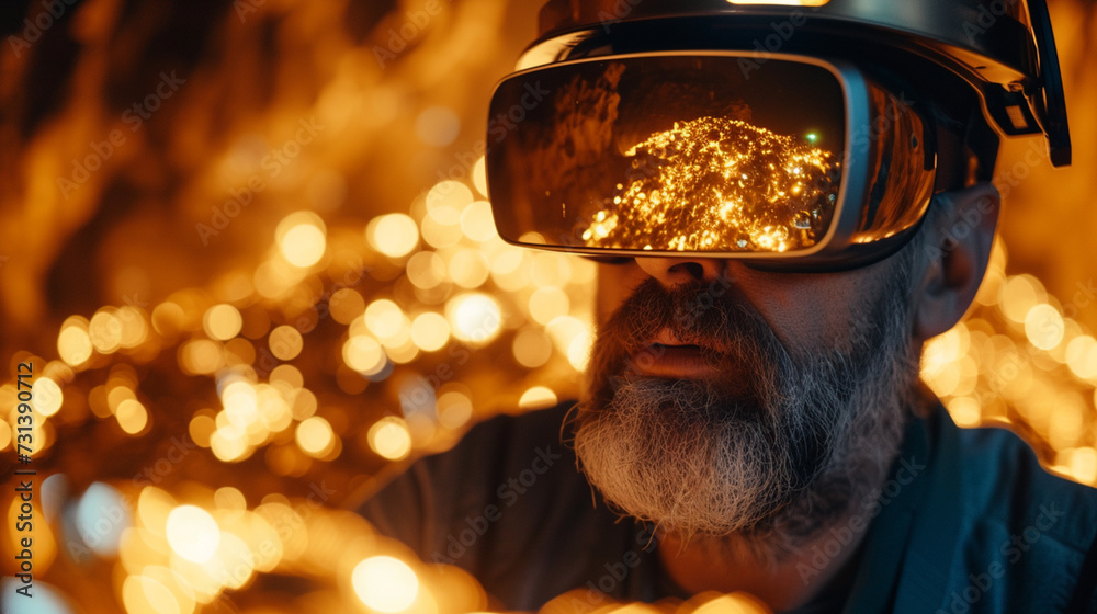 A gold miner outfitted with VR glasses, standing in a rugged mine ...