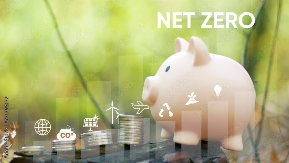Net zero concept. Finance and business concept. Piggy bank closeup with ...