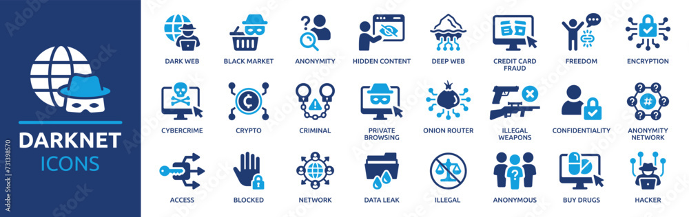 Dark web icon set. Containing darknet, deep web, encryption, anonymity ...