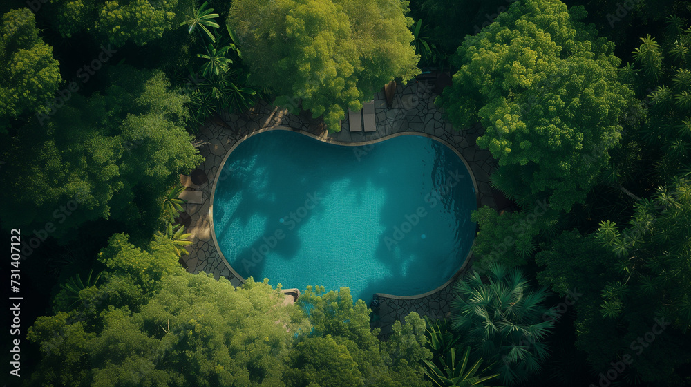 aerial drone view of a swimming pool in the jungle, top view above the ...
