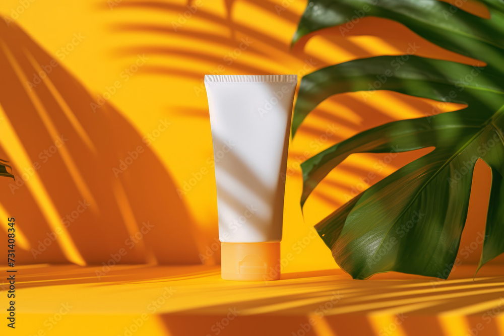 Suncream sun lotion packaging mockup tube on a bright sunny background ...