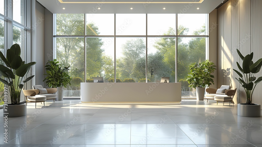 medical clinic reception area in the hospital with tall windows and ...
