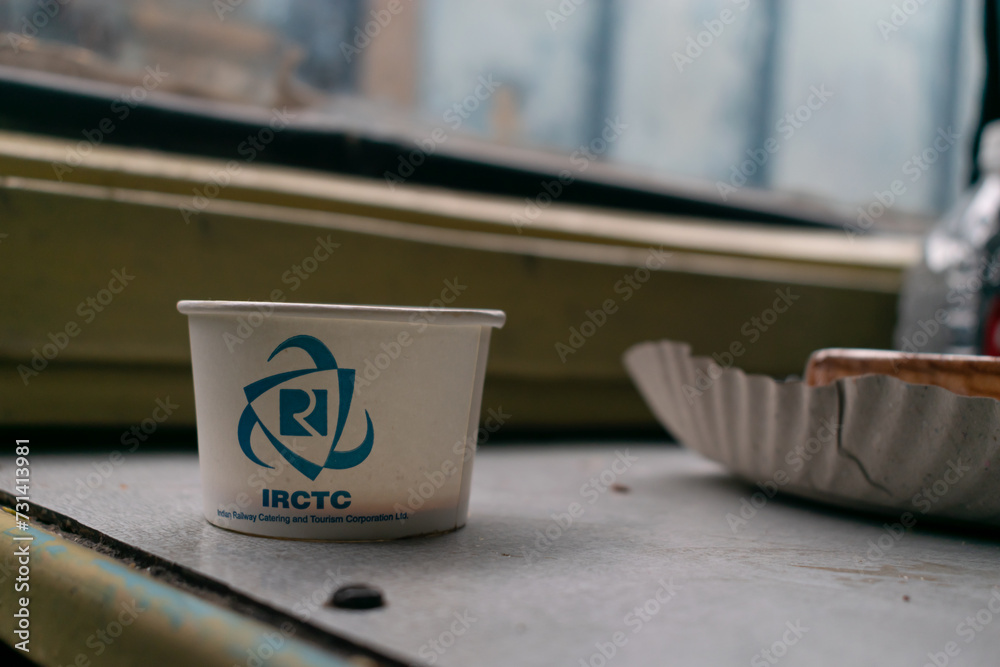 Logo of IRCTC on tea cup. Stock market, government, train, railway ...