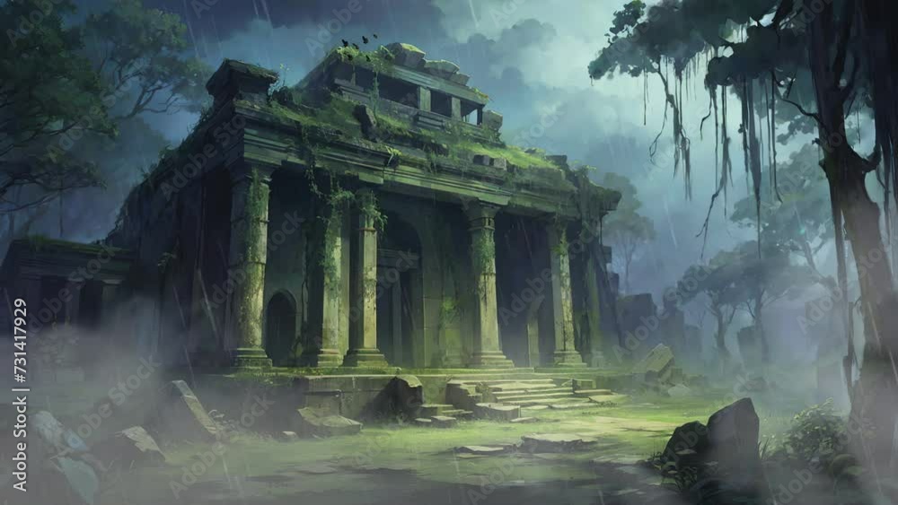The interior of a stunning forest reveals the mossy ruins of an ancient ...