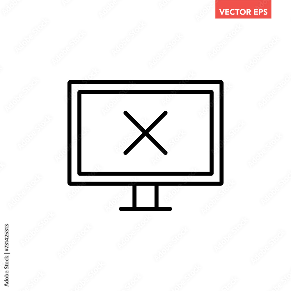 Black single monitor with cross x line icon, simple failed tech system ...