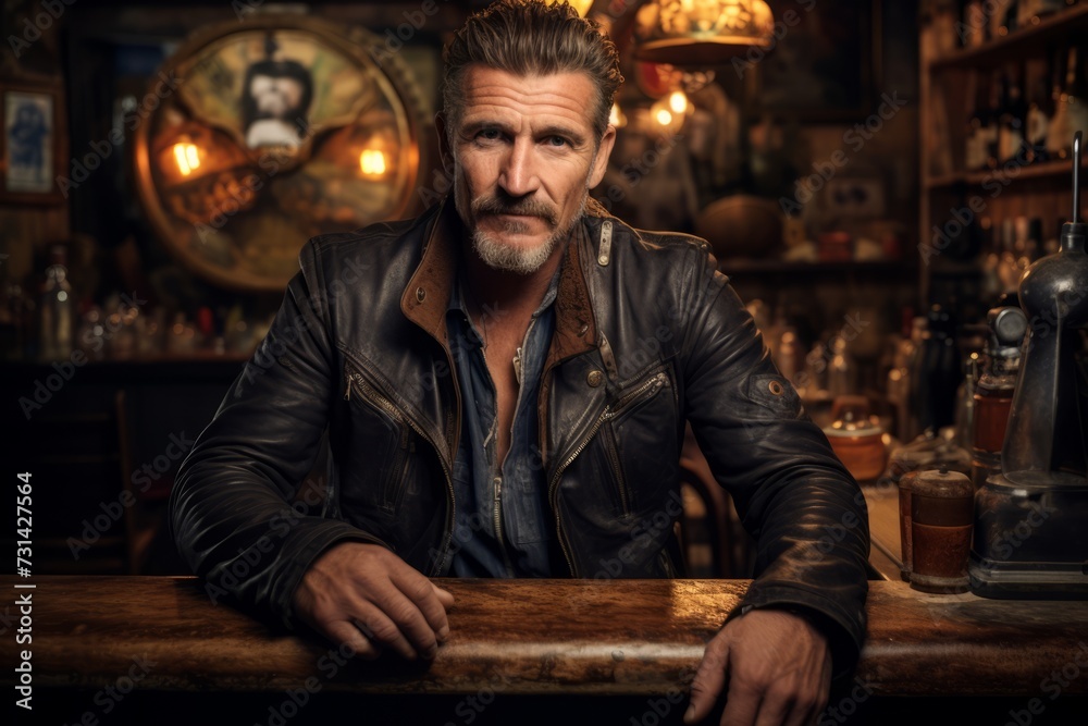 Foto de A seasoned man sporting a salt-and-pepper goatee and a leather ...