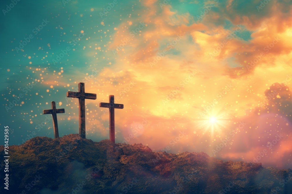 Heavenly Sky with Three Crosses, Three crosses reaching towards a ...