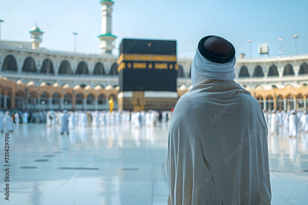 Man in pilgrim performing haj or umrah in front of kaaba, mecca ...