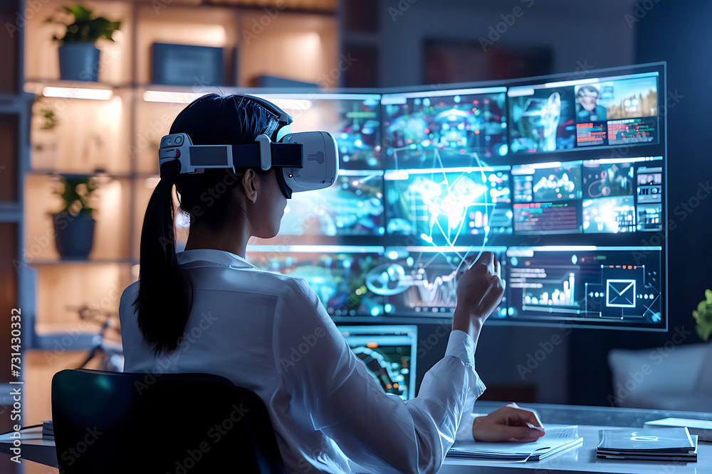 Virtual Reality Interface Workstation. A woman wearing AR glasses ...