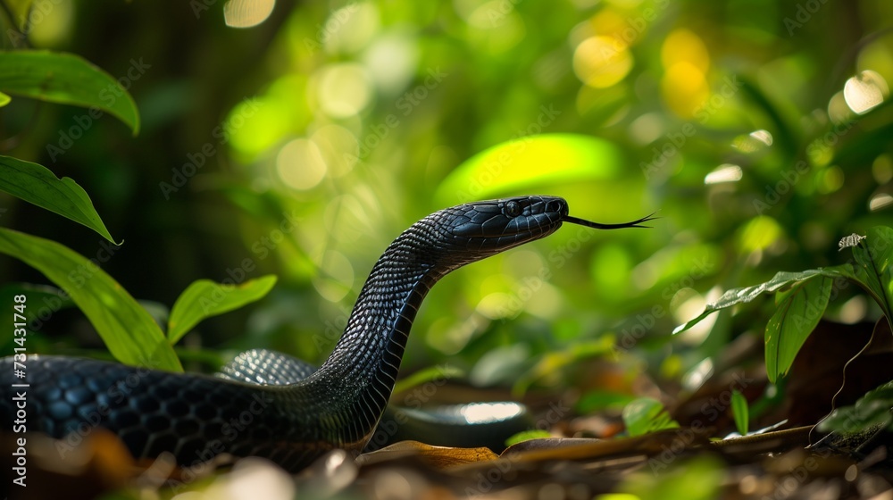 In the heart of a dense jungle, a black cobra slithers gracefully ...